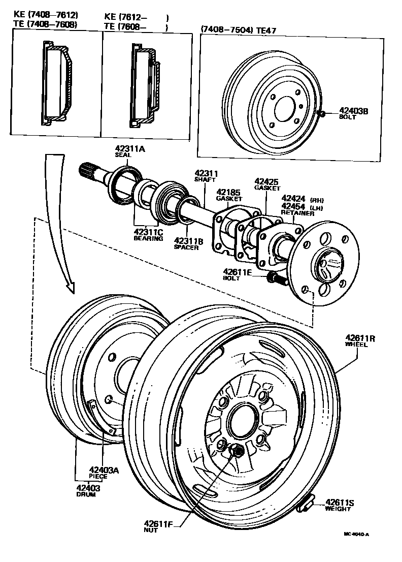 Rear axle shaft & hub for Toyota Corolla / Trueno KE50R-LMDQ, 01.1977 ...