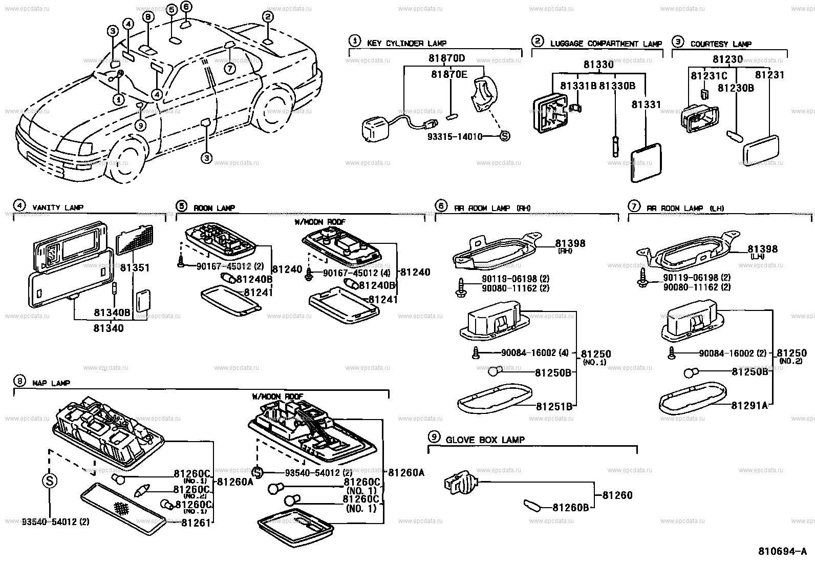 Interior lamp for Toyota Avalon XX10, 1 generation 03.1994 - 09.1997 ...