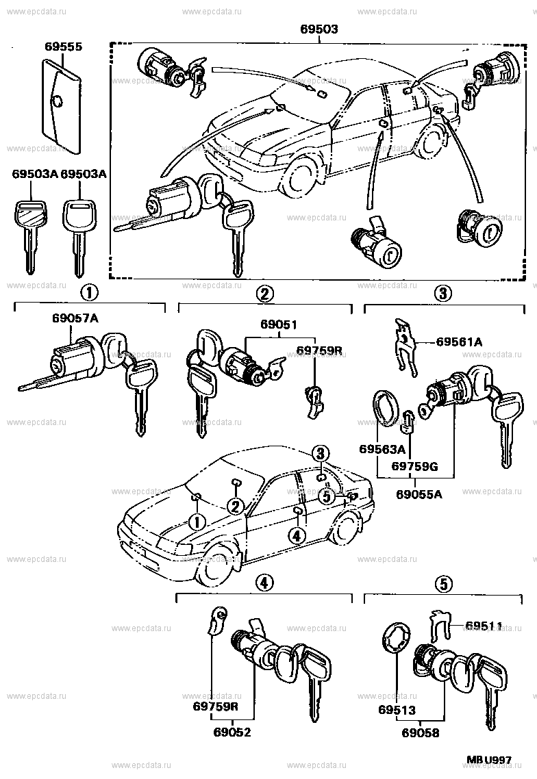 Lock cylinder set for Toyota Corsa L40, 4 generation, restyling 08.1992 ...