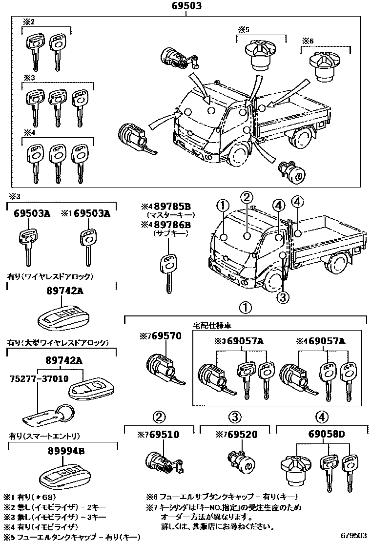 Lock cylinder set for Toyota Dyna / Toyoace XZU700 - Auto parts - Amayama
