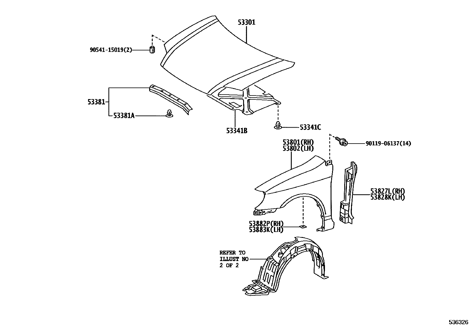 Hood & front fender for Toyota Corolla Fielder NZE121 - Genuine parts ...