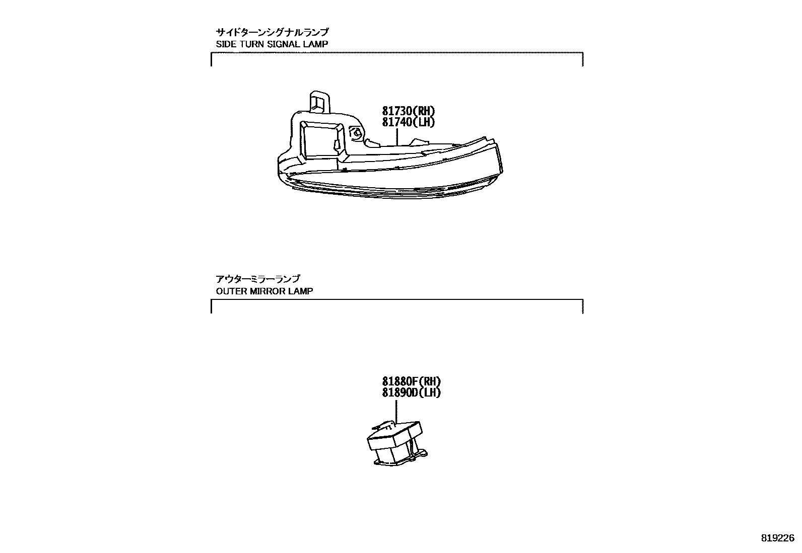 Side turn signal lamp & outer mirror lamp for Toyota Highlander AXUH78L ...